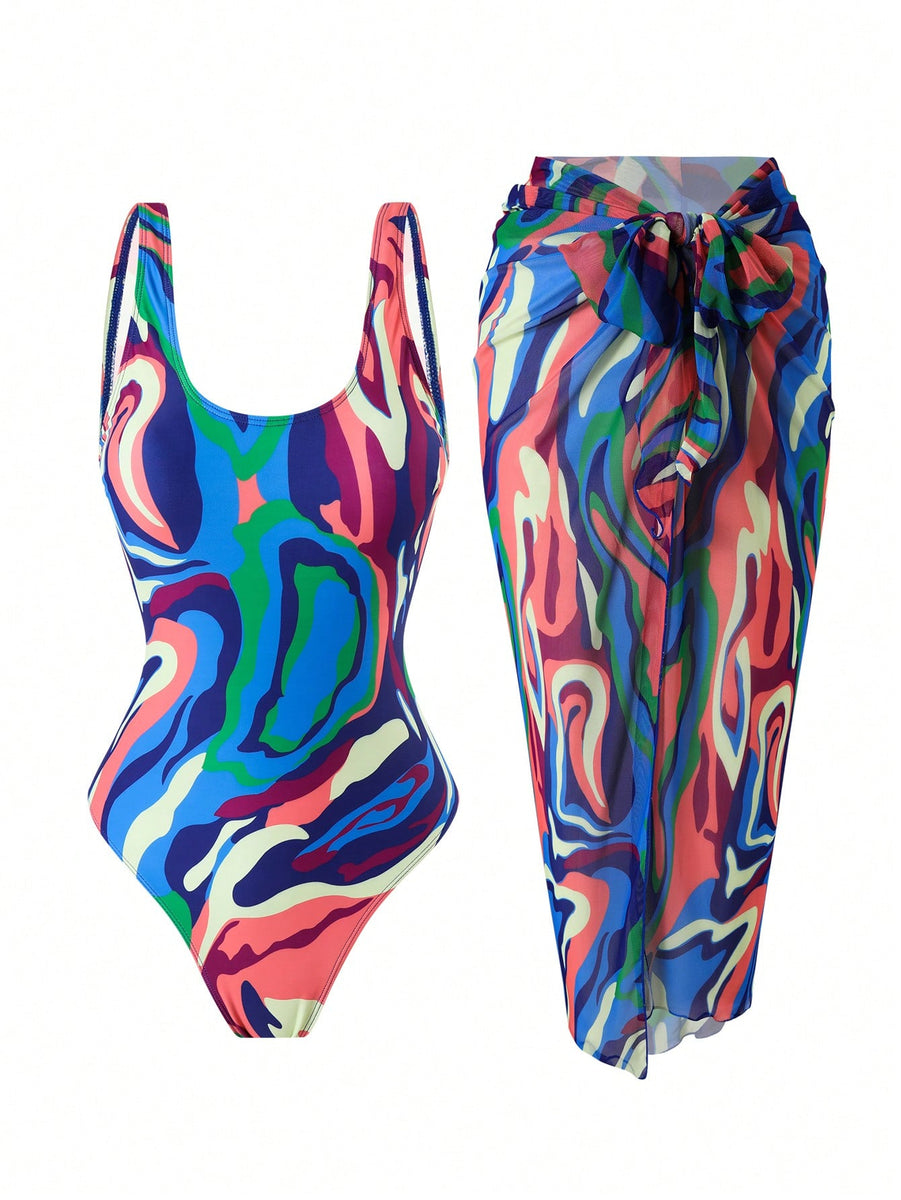 Traje De Baño De Una Pieza Estampado Para Mujer A Juego Con Falda Envo
