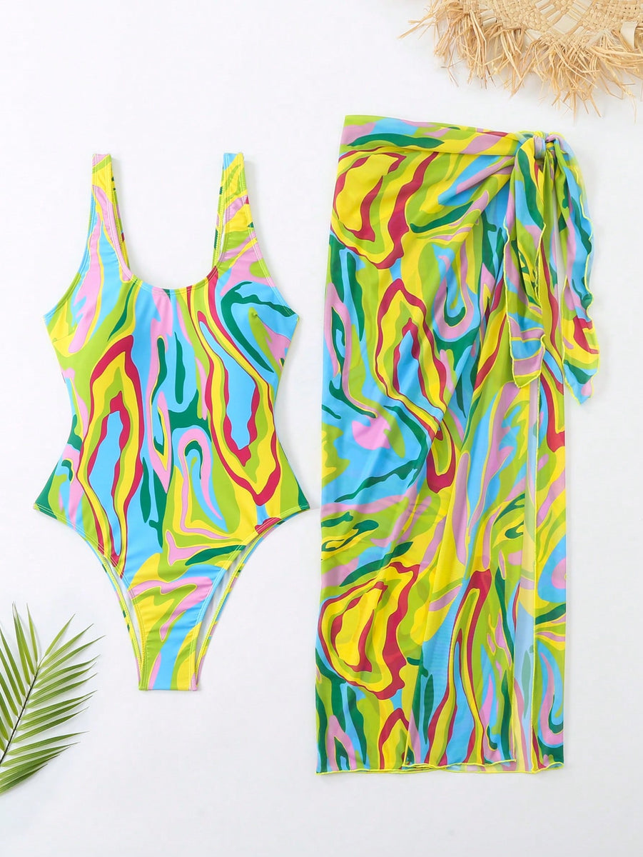 Traje De Baño De Una Pieza Estampado Para Mujer A Juego Con Falda Envo 0680