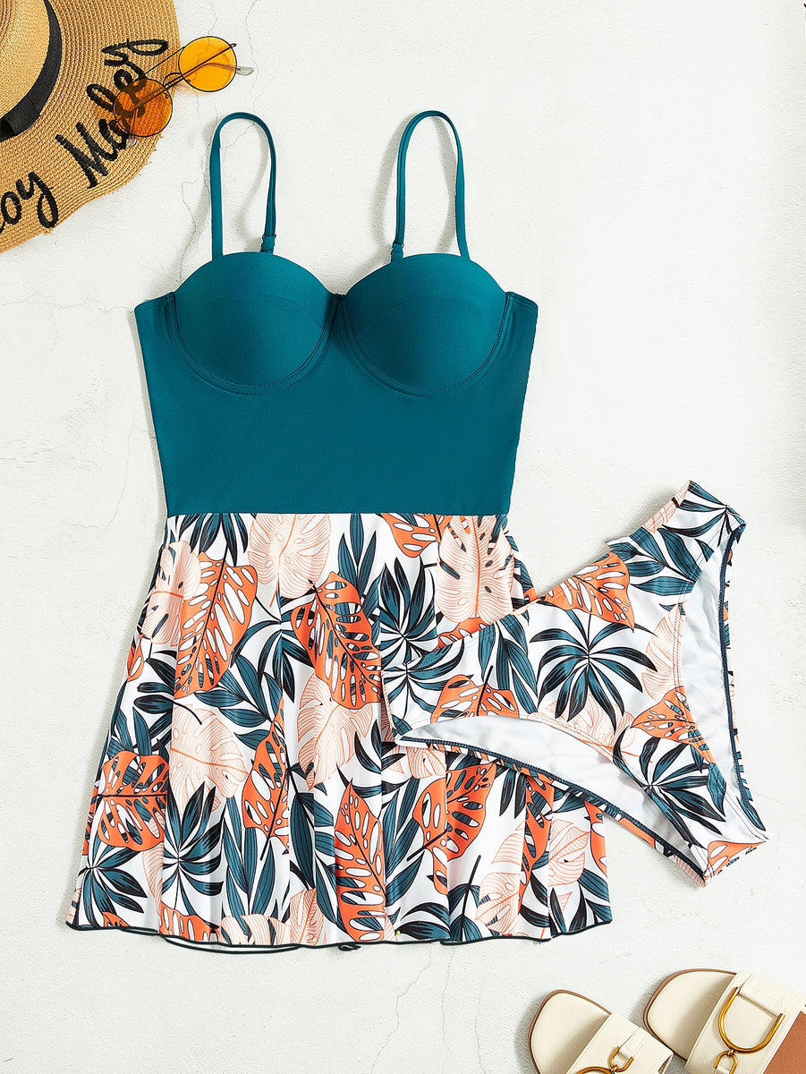 Vestido de natación con Bottom de bikini con estampado tropical push u