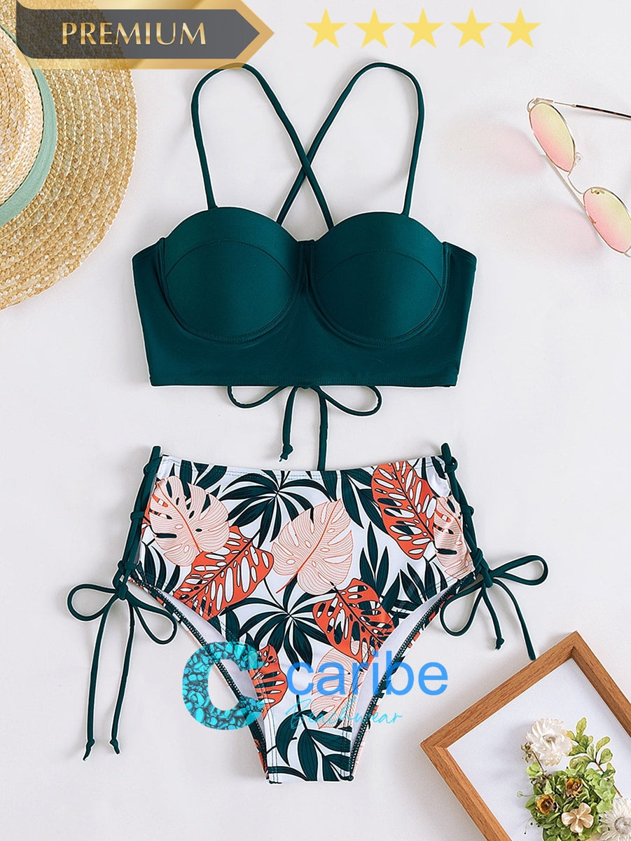 Bañador bikini al azar con estampado tropical push up de talle alto
